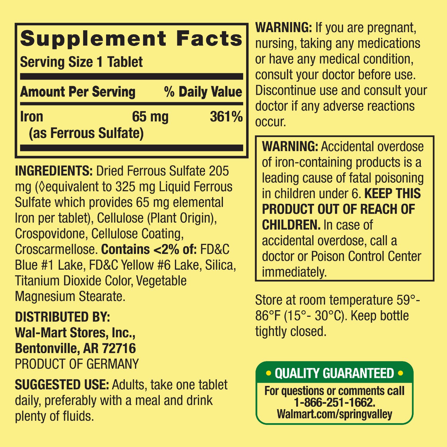 Spring Valley Iron Tablets 65 mg General Wellness 100 Count