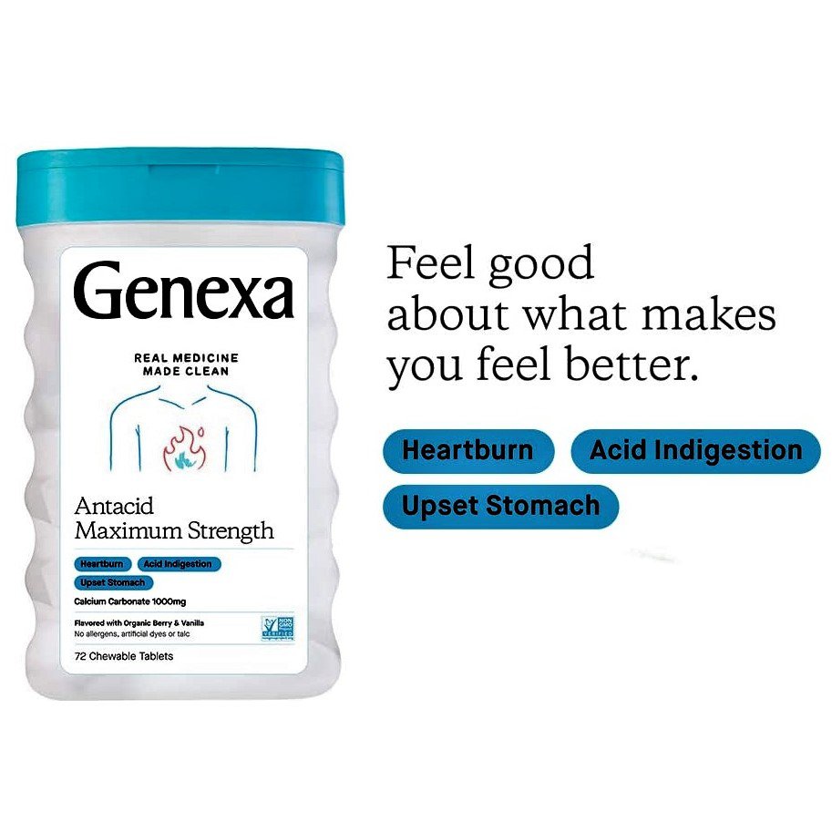 Genexa Antacid Maximum Strength, Organic 1000 mg 72 Chewable Tablets