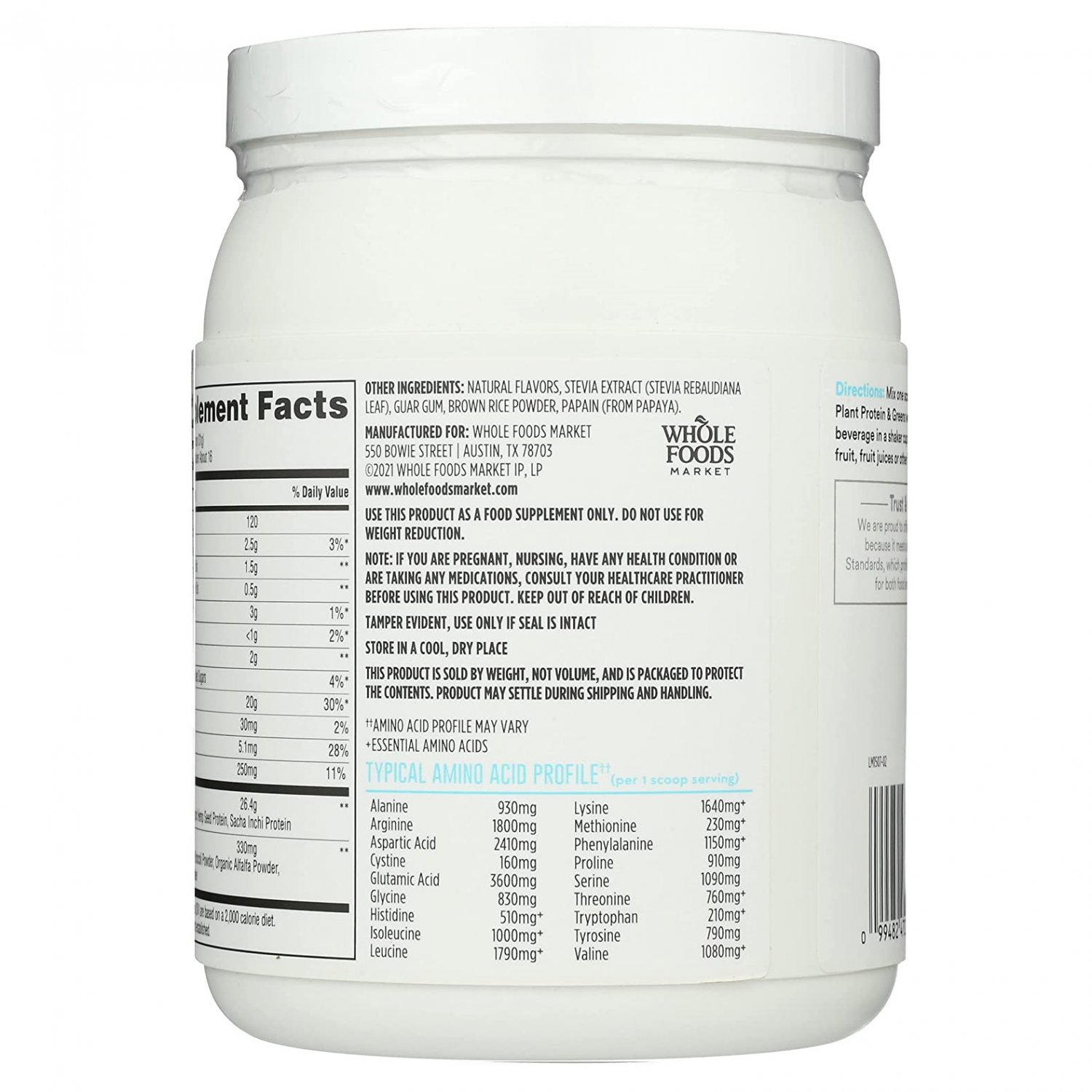 365 Whole Foods Market Plant Protein & Greens, French Vanilla, 18 Oz