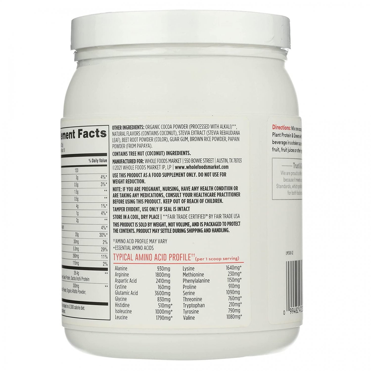 365 Whole Foods Market Plant Protein & Greens, Rich Chocolate, 18 Oz