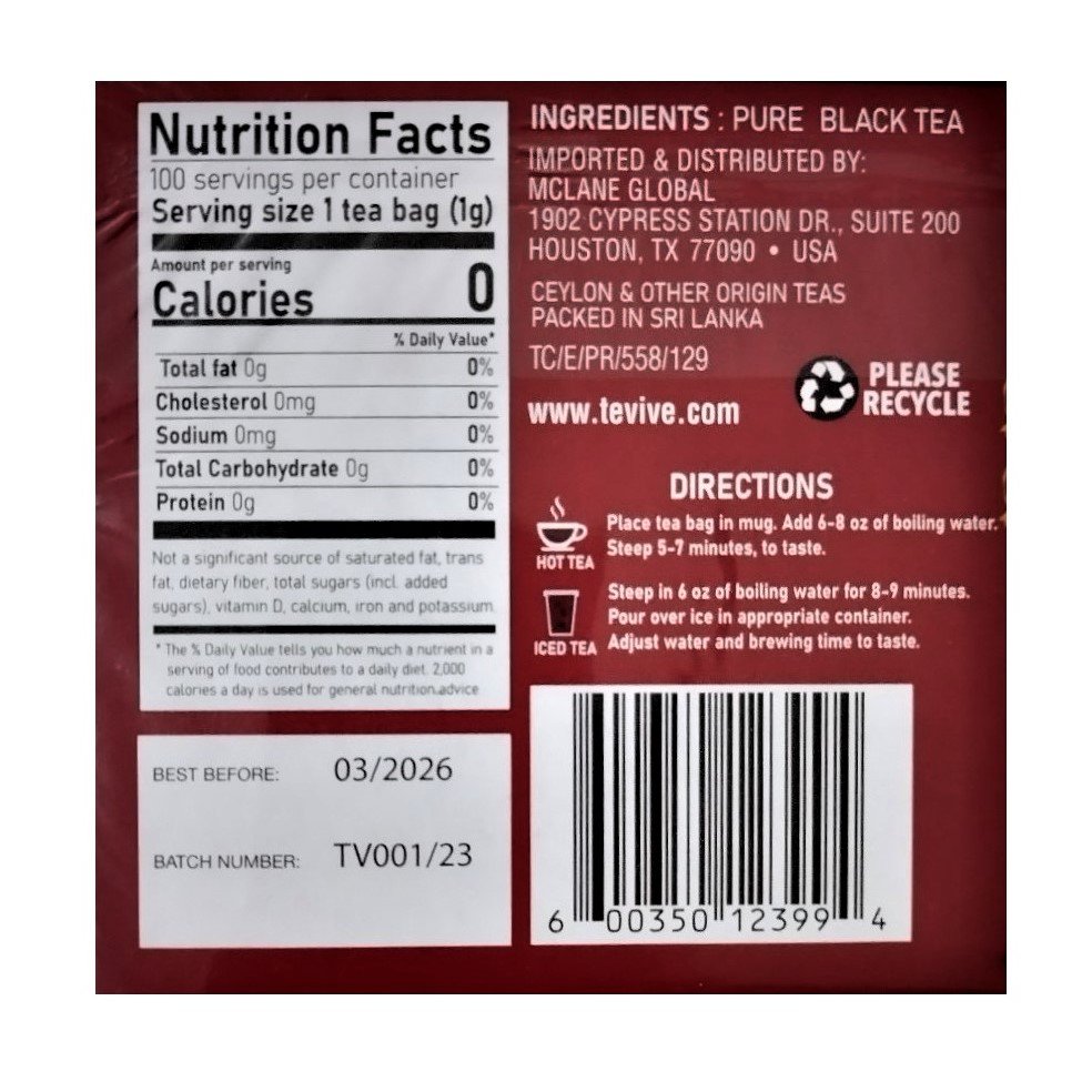TEVIVE All Natural Black Tea, 100 Tea Bags