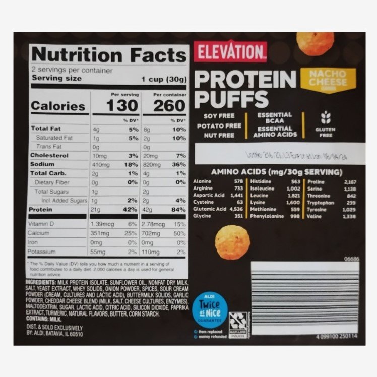 Elevation Protein Puffs Nacho Cheese, 2.1 oz, 42g Protein (3 Bag)