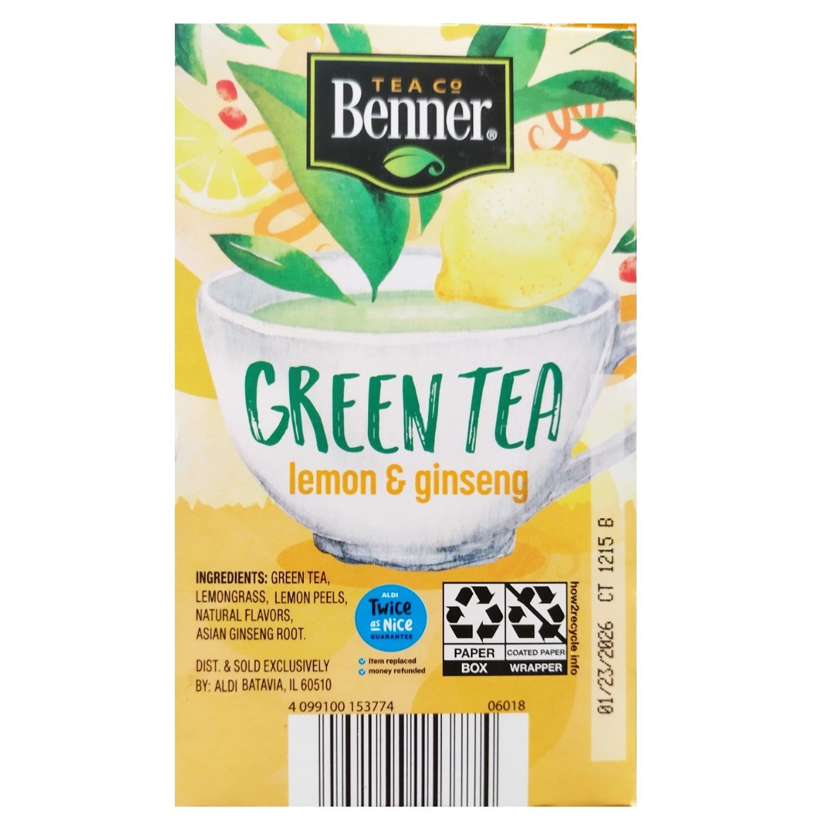 Benner Green Tea with Lemon & Ginseng, 20 Tea Bags (Pack of 2)