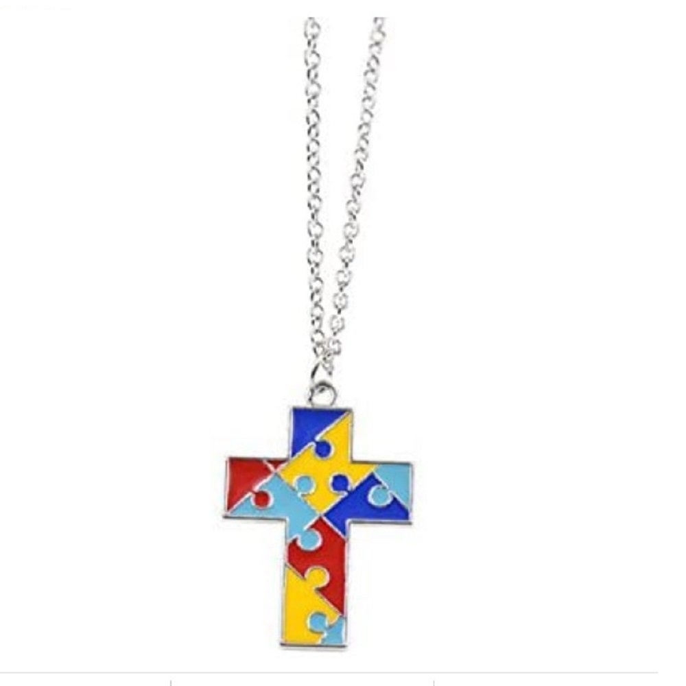 Silver Enamel Autism Awareness Jigsaw Puzzle Cross Pendant Necklace
