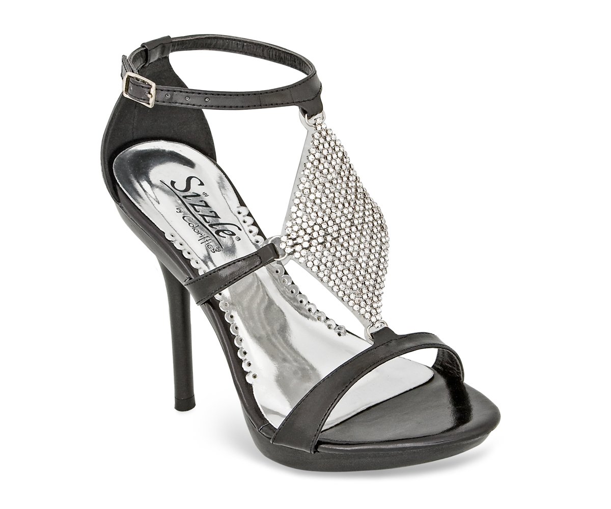 Black Metallic Rhinestone T Strap High Heel Shoes