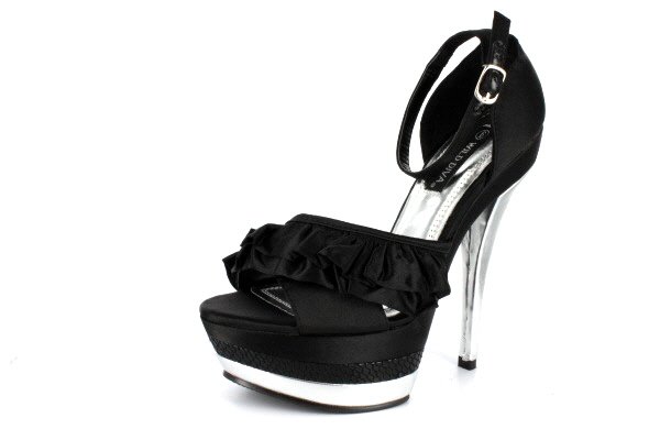 New Black Satin Ruffled Platform High Heels Shoes