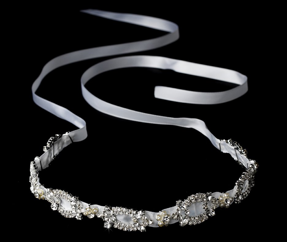Swarovski Crystal Pearl White Ribbon Bridal Headband