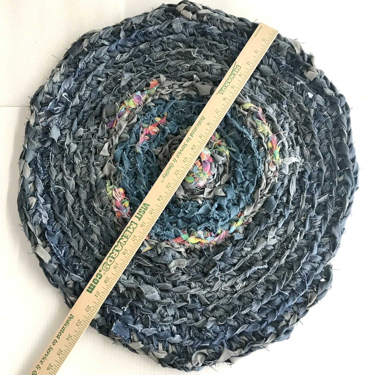 Handmade round crocheted bathroom bedroom Rag rug from repurposed jeans