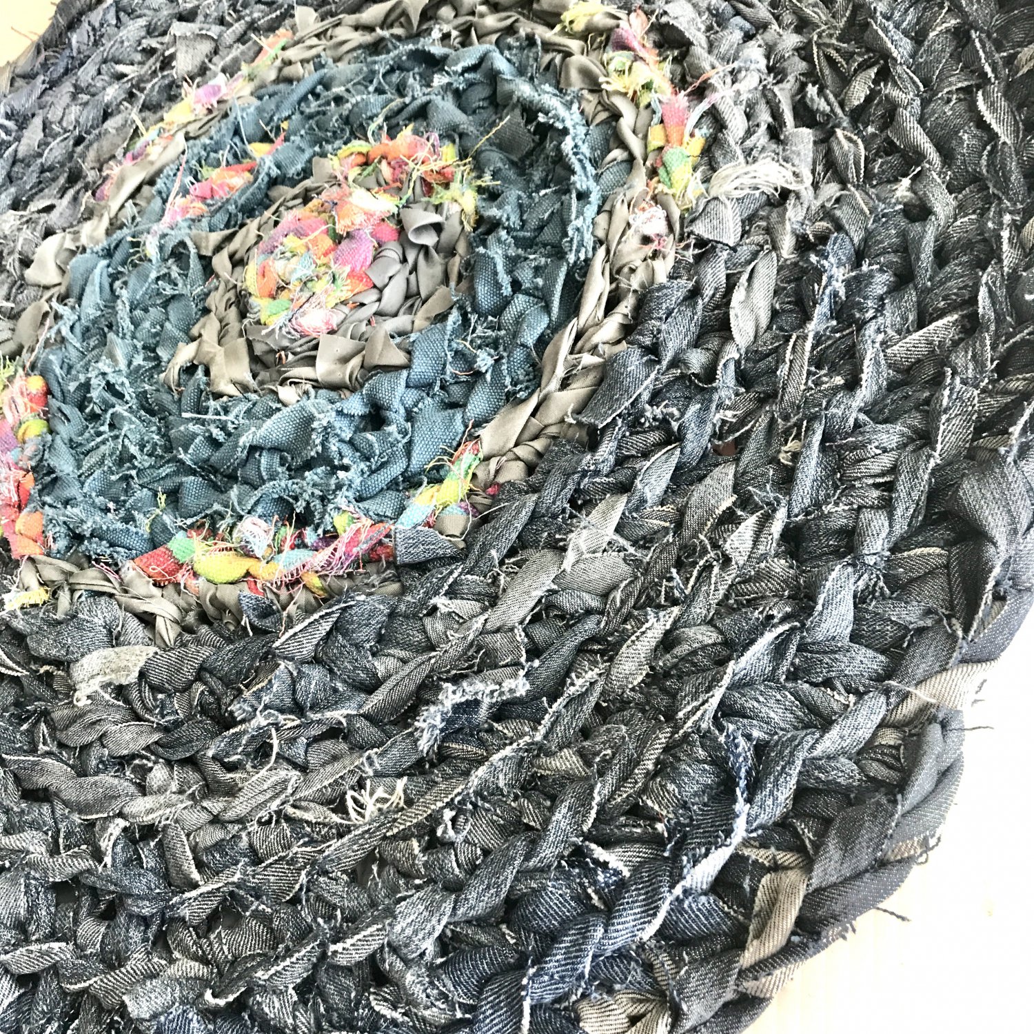 Handmade round crocheted bathroom bedroom Rag rug from repurposed jeans