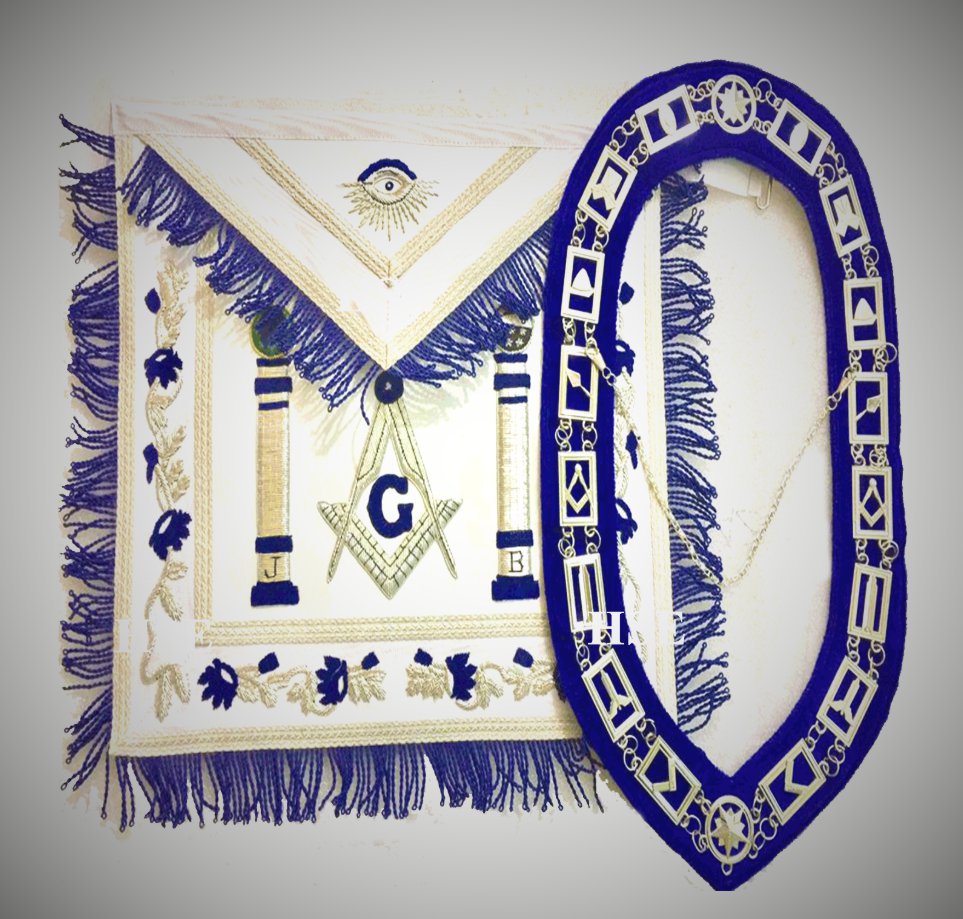 MASONIC REGALIA MASTER MASON APRON WITH COLLAR WHITE HAND EMBROIDER