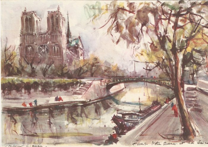 Marius Girard Paris Notre Dame et la Seine painting vintage postcard
