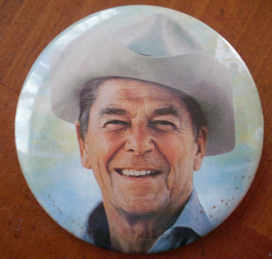 Ronald Reagan Button Pin Vintage 1980s Cowboy 2.5in