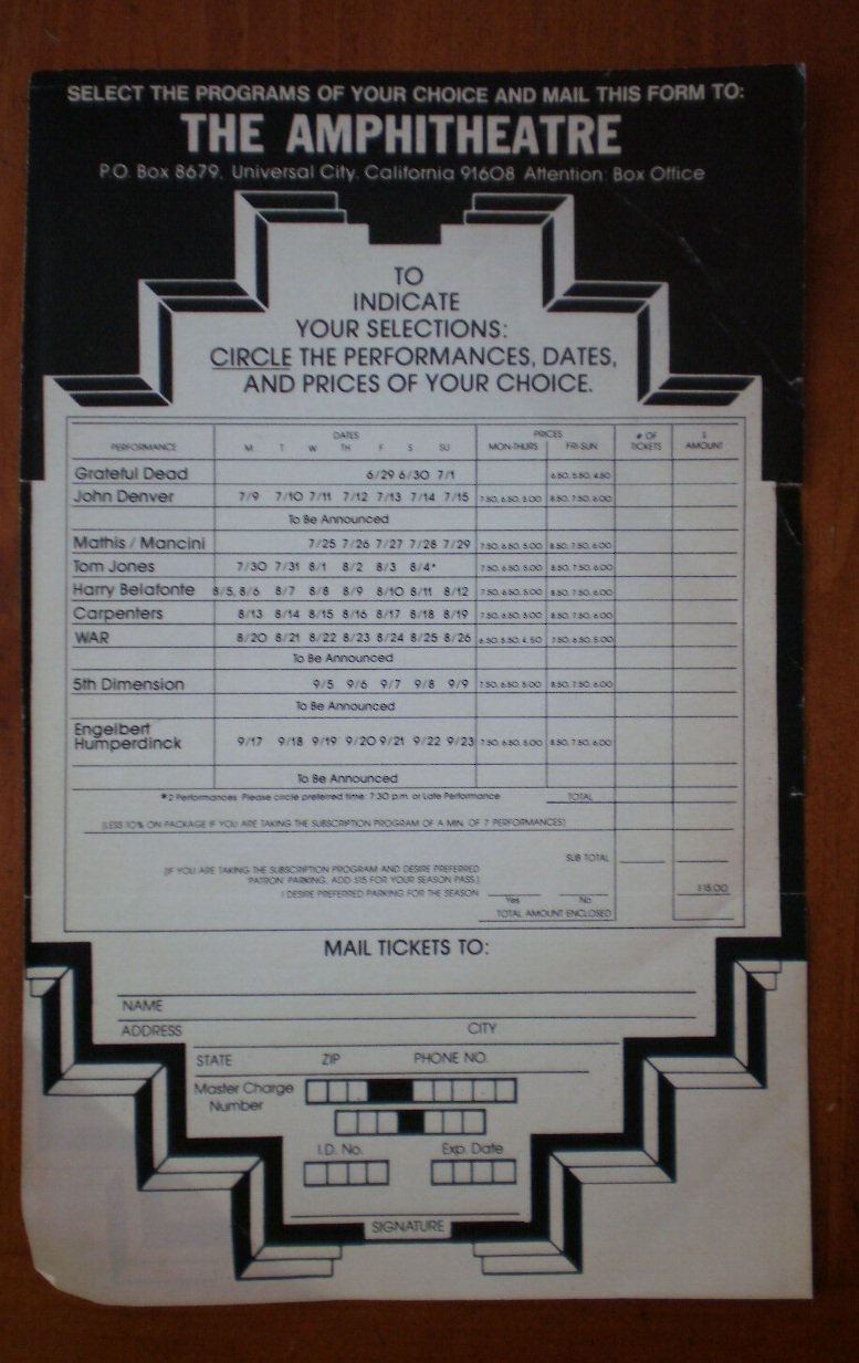 Universal Amphitheatre Ticket Order Form 1973 Mail In Grateful Dead ...