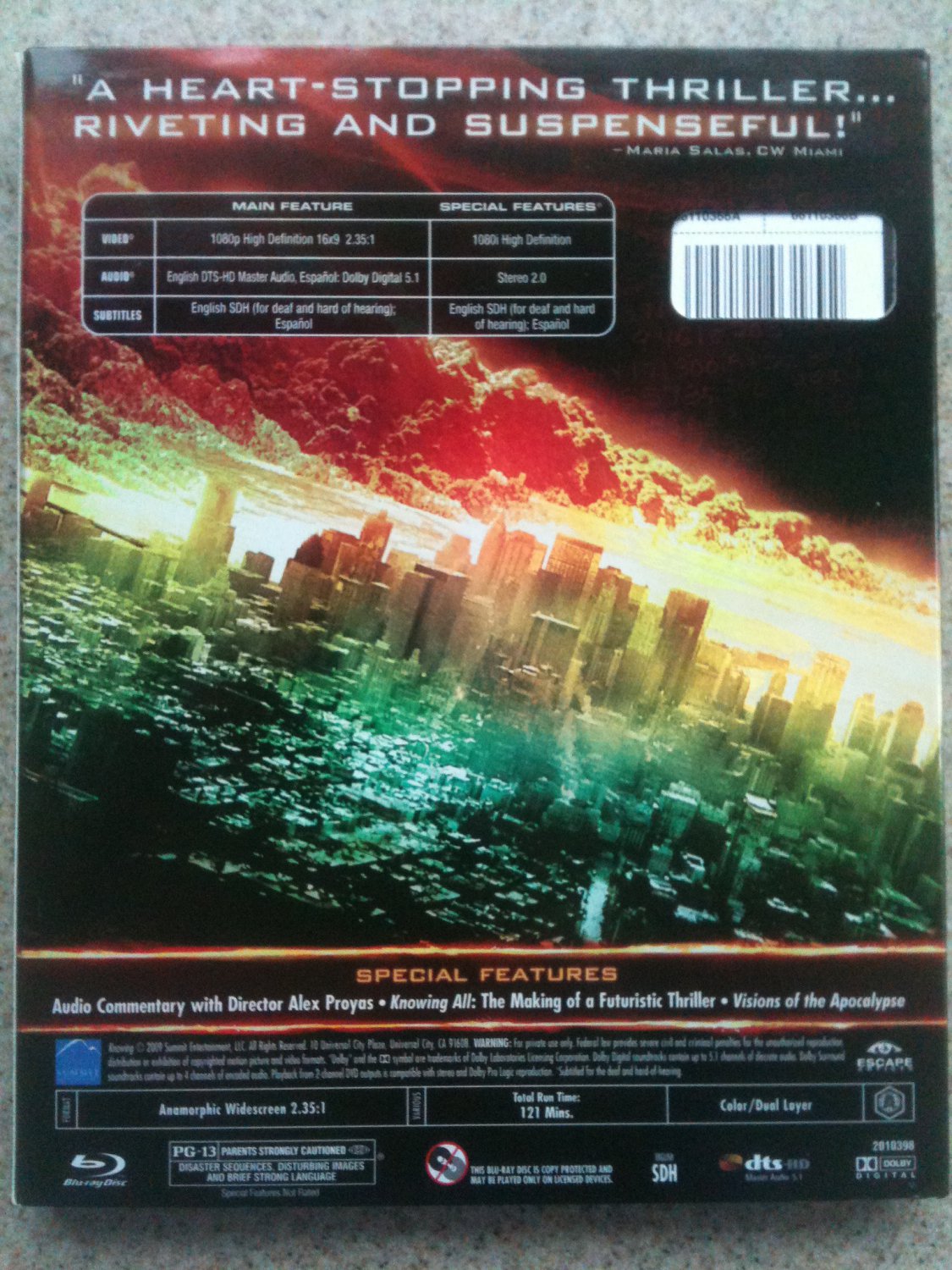 Knowing (Blu-ray Disc, 2009) VG with Slipcover! Nicolas Cage, Rose Byrne