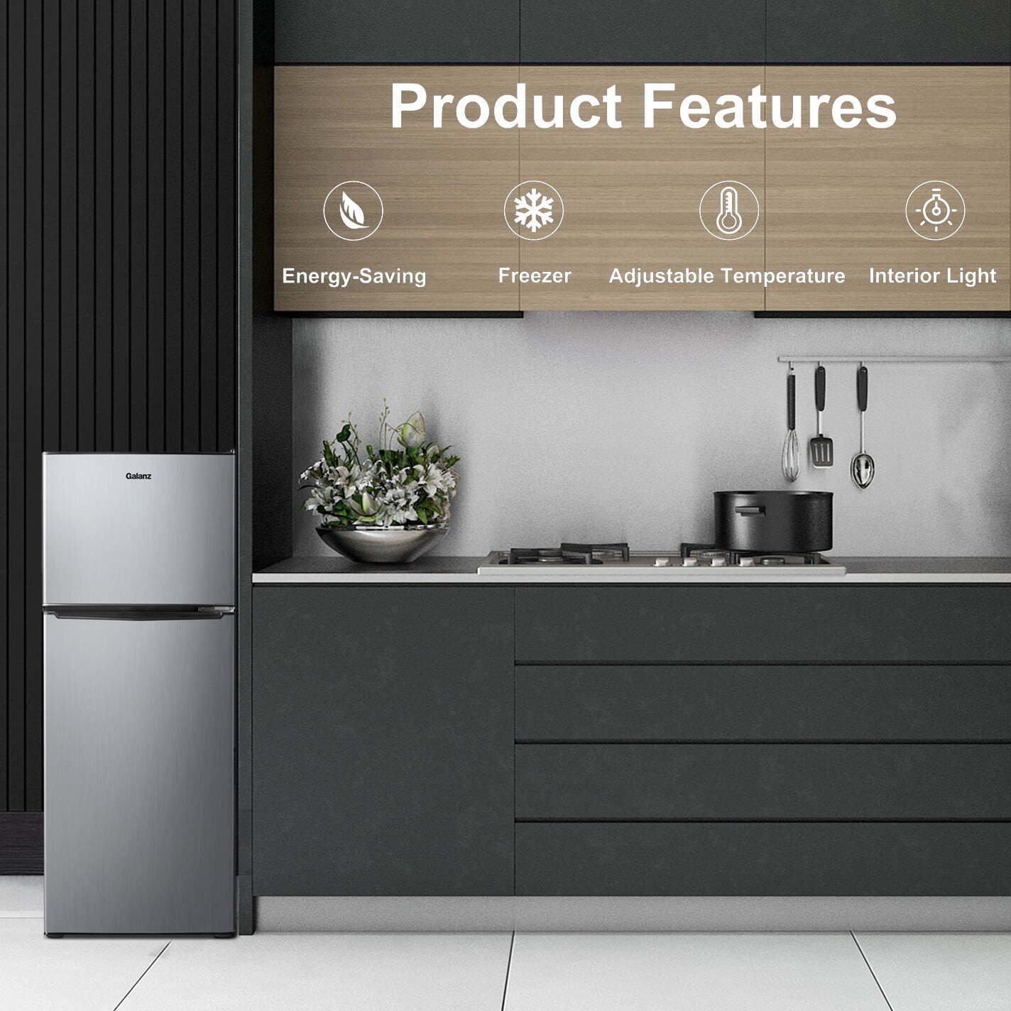 Galanz 4.6. Cu ft Two Door Mini Fridge with Freezer, Stainless Steel