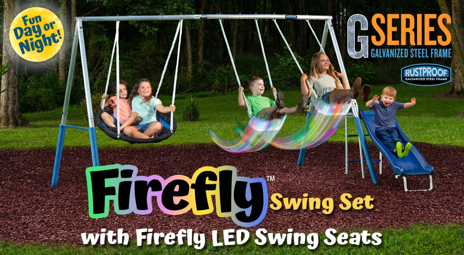 XDP Recreation Firefly Galvanized Steel Swing Set with Slide, 2 Firefly LED Swing Seats