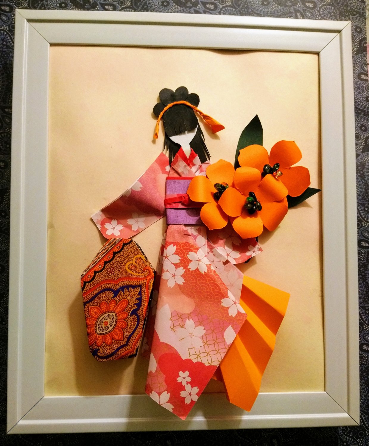 Handmade origami japanese paper dolls wall art