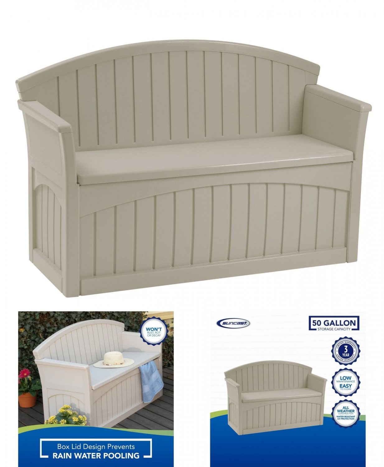 New Suncast Outdoor Patio Bench Deck Box Storage Seat Box Garden Bin ...