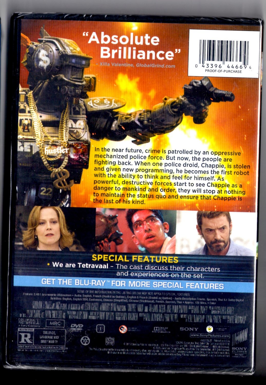 Chappie DVD widescreen Sci-fi/Action Sharlto Copley Dev Patel Segourney ...