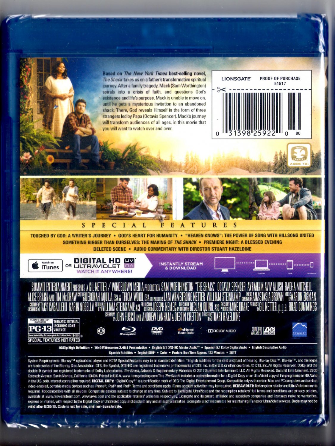 The Shack Blu-ray + DVD + Digital HD UV Ultraviolet Drama/Fantasy Sam ...