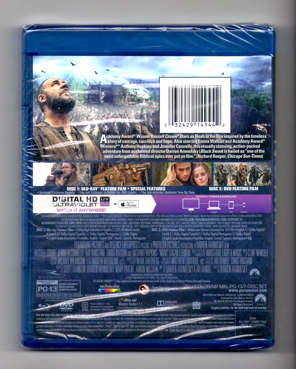 Noah Blu-ray + DVD + Digital HD UV Ultraviolet Biblical Drama/Thiller Russell Crowe, Emma Watson
