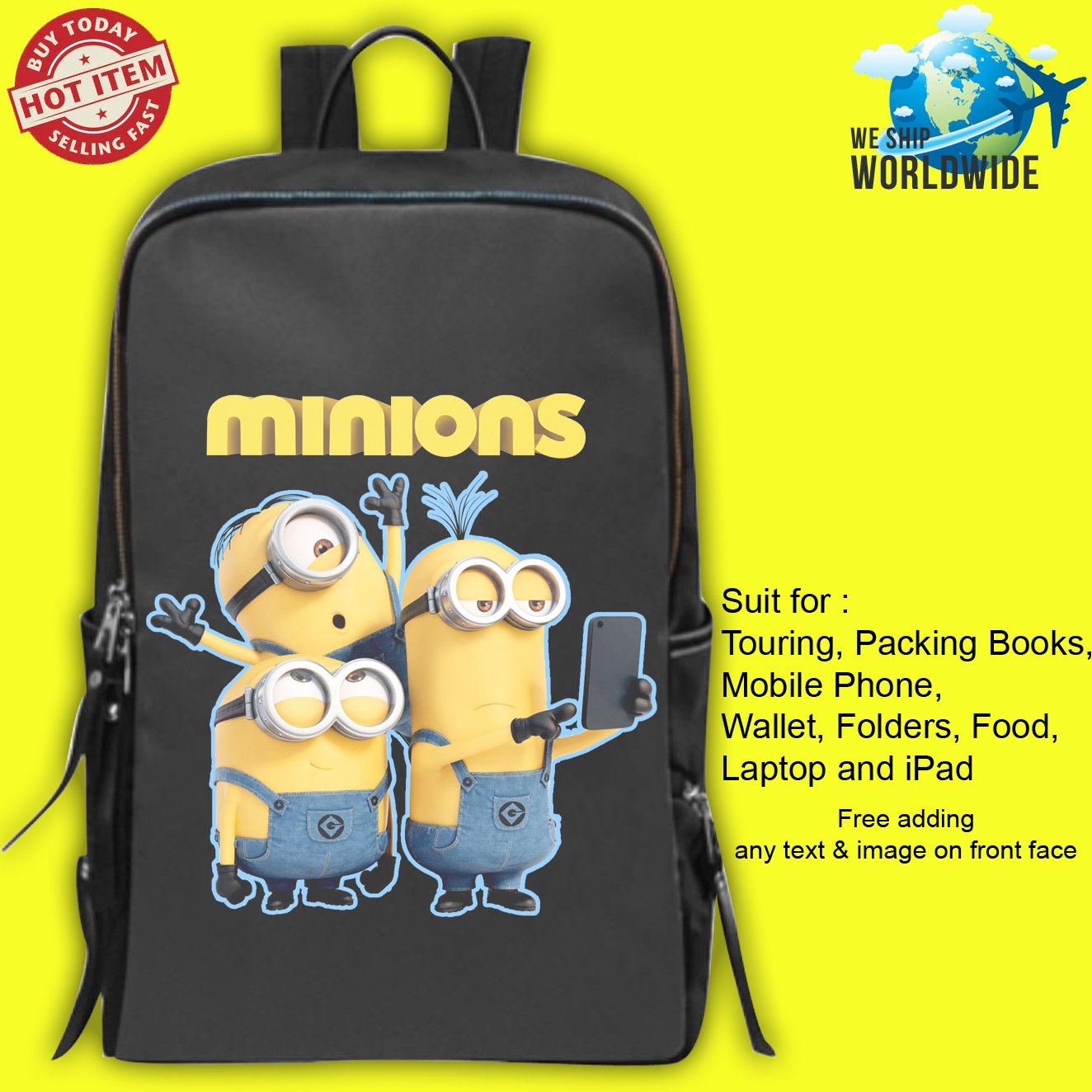 2 MINIONS, DESPICABLE ME, MIB Backpack Bags