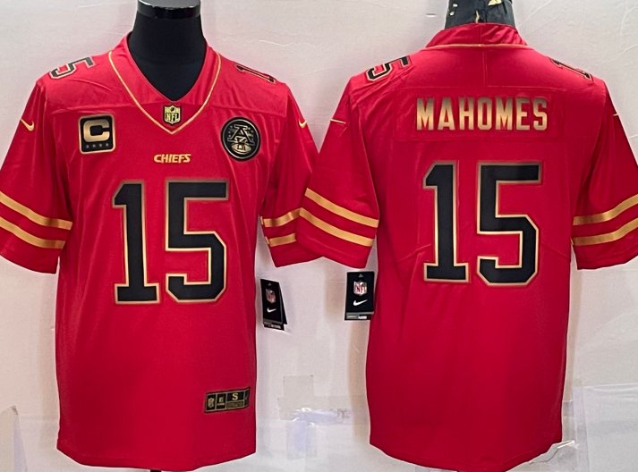 Kansas City Chiefs #15 Patrick Mahomes With Gold Name jerseys Red