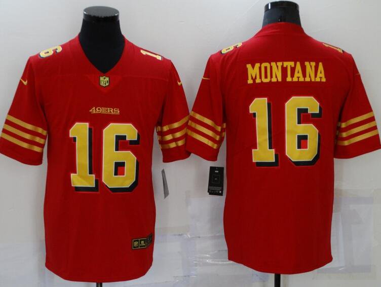 San Francisco 49ers #16 Joe Montana with Golden Number jerseys Red