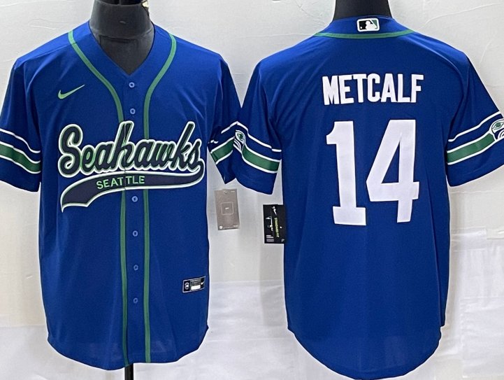 Seattle Seahawks #14 DK Metcalf Throwback Baseball Jersey Blue