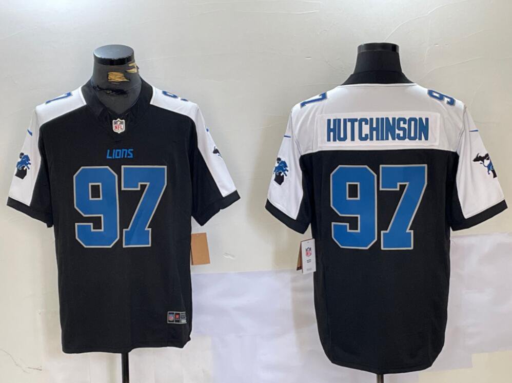 Detroit Lions #97 Aidan Hutchinson with White Sleeves Jersey Black