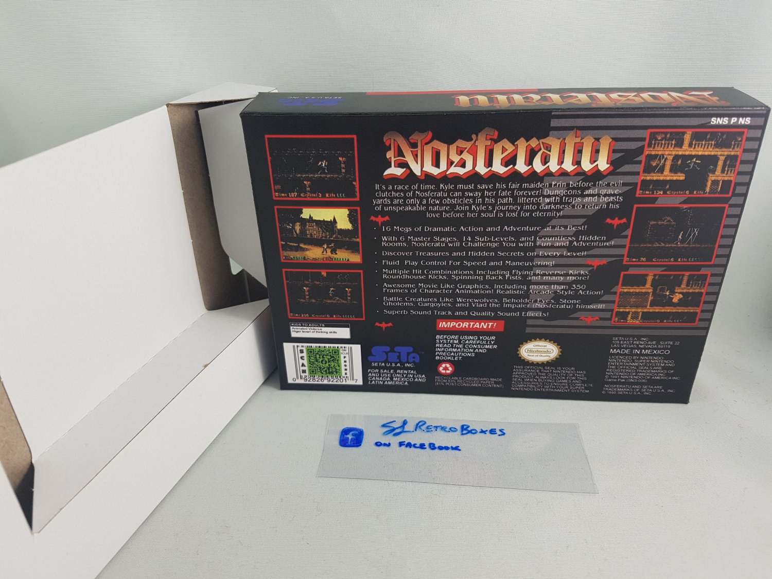 NOSFERATU - SNES, Super Nintendo Custom Replacement Box optional w/ Insert Tray & PVC Protector