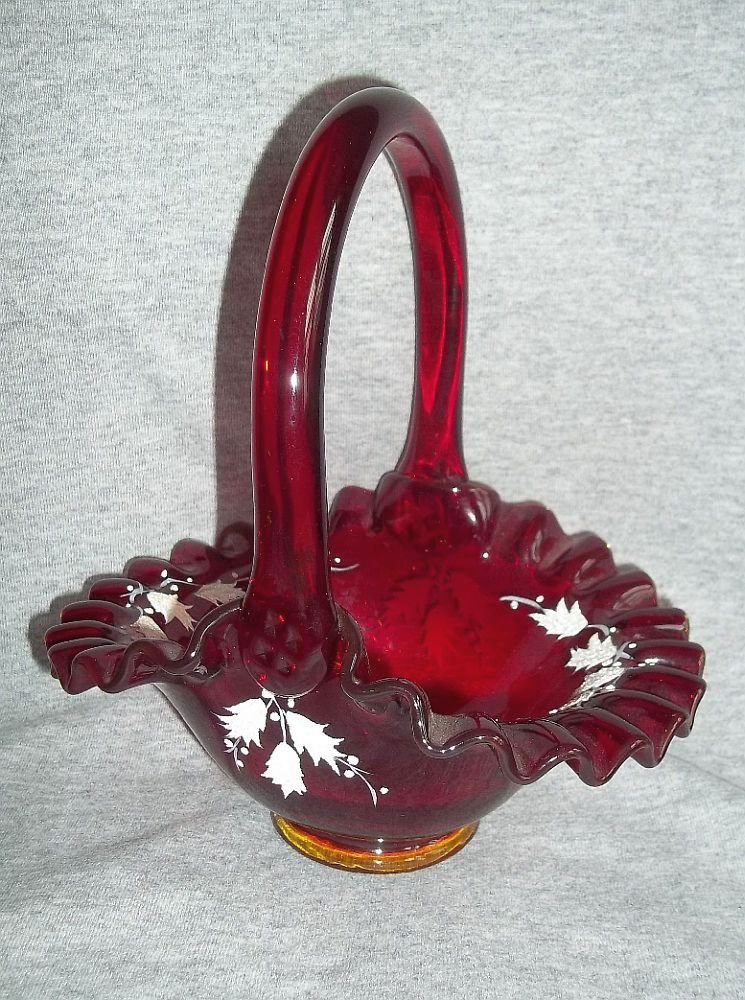 Fenton Signed Ruby Red Holly Berry Basket