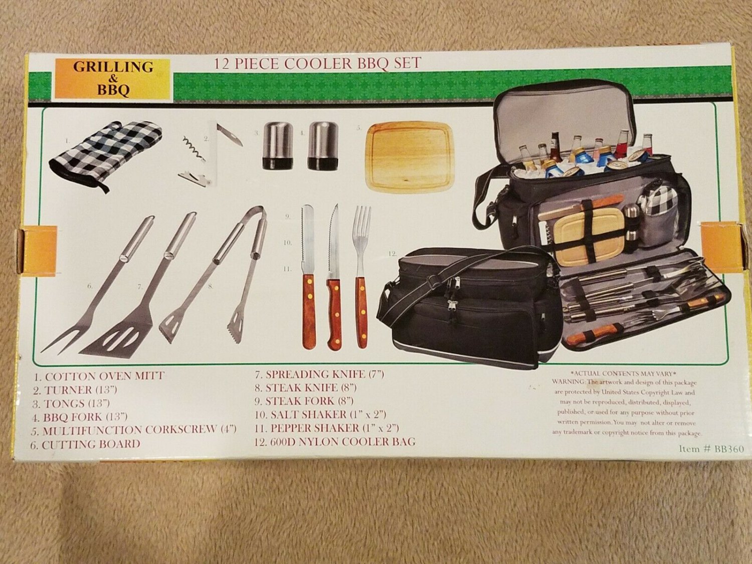 NIB - 12 PIECE BARBEQUE SET WITH COOLER BAG WITH 43" ADJUSTABLE ...