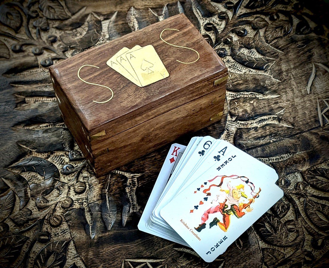 Wooden Box with Playing Paper Cards, Handmade Wooden Card Box, Storage Box.