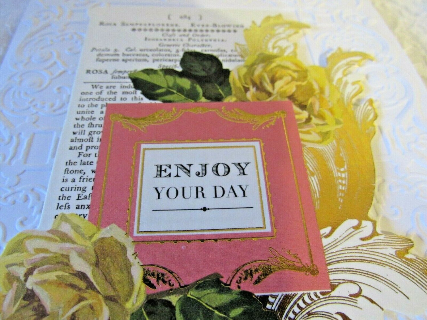 Enjoy Your Day card, white, embossed, yellow roses, gold foil ...
