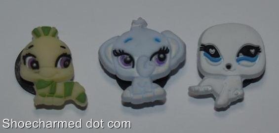 Set of 3 Littlest Pet Shop Croc Shoe Charms Caterpillar, Elephant, Seal