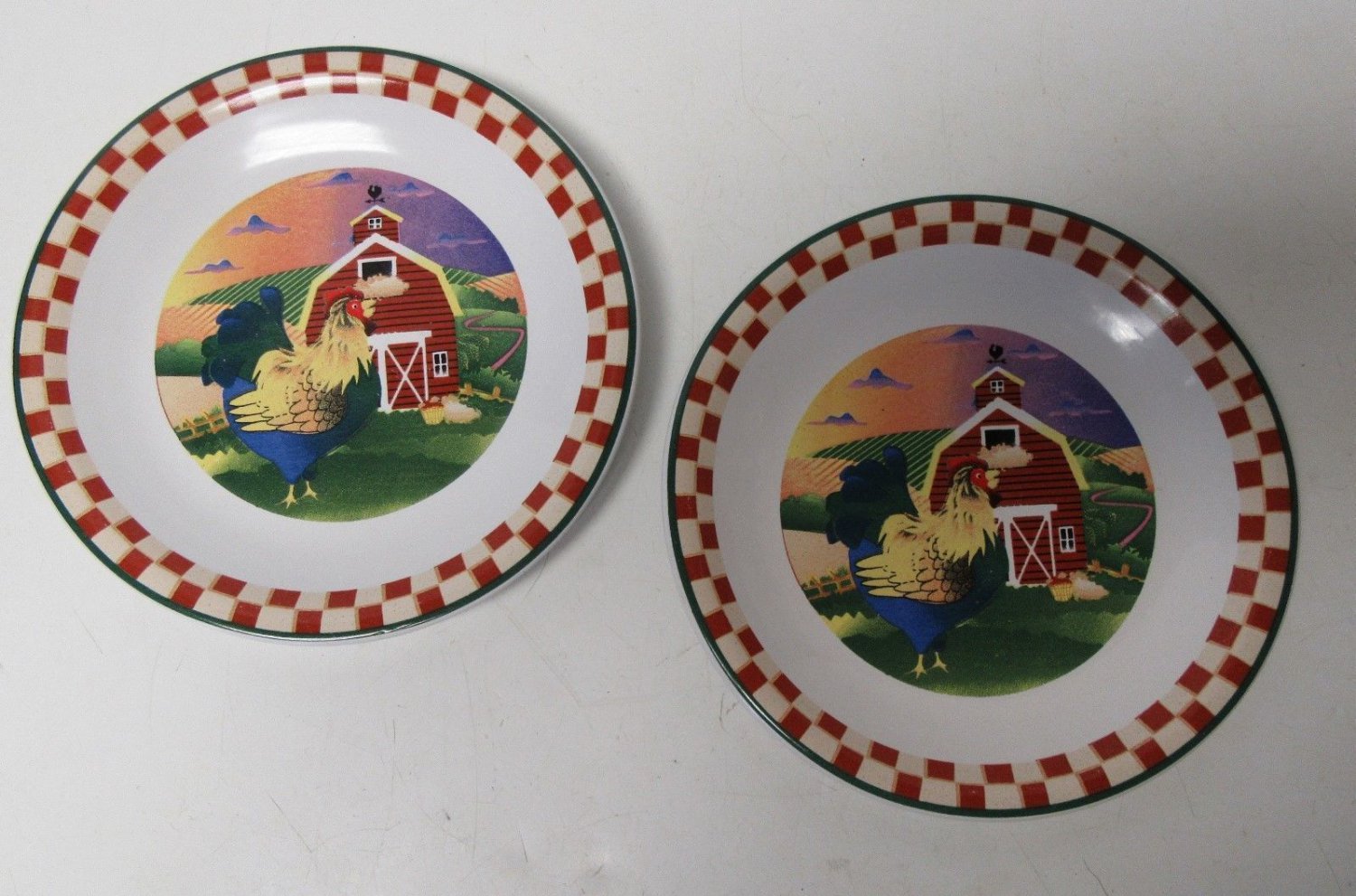 2 Rooster Barnyard Scene 8" Pottery Salad Plates Unknown Maker