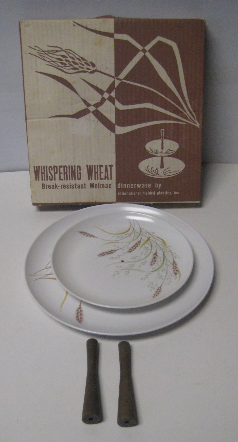 2 Set Vintage Melmac Melamine Whispering Wheat Two Tier Tidbit Tray