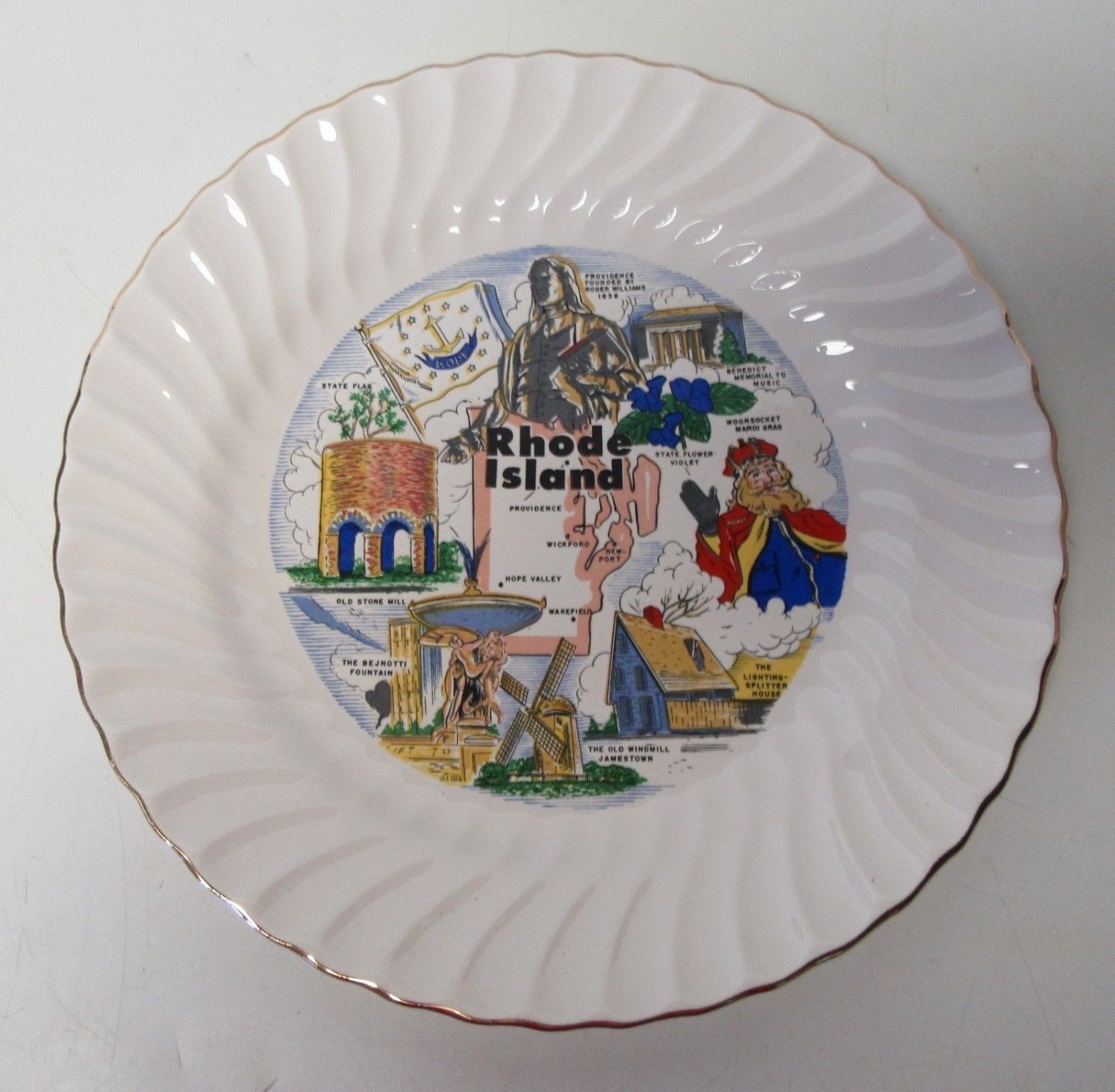 Rhode Island Sheffield Souvenir Plate Gold Trim About 9.75"