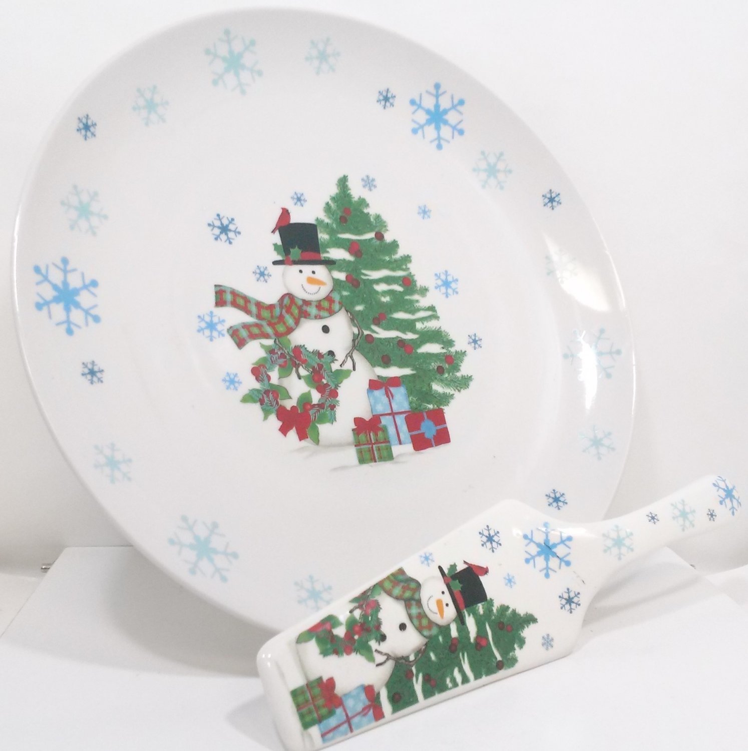 Snowman Cake Plate and Server Christmas Holiday Style