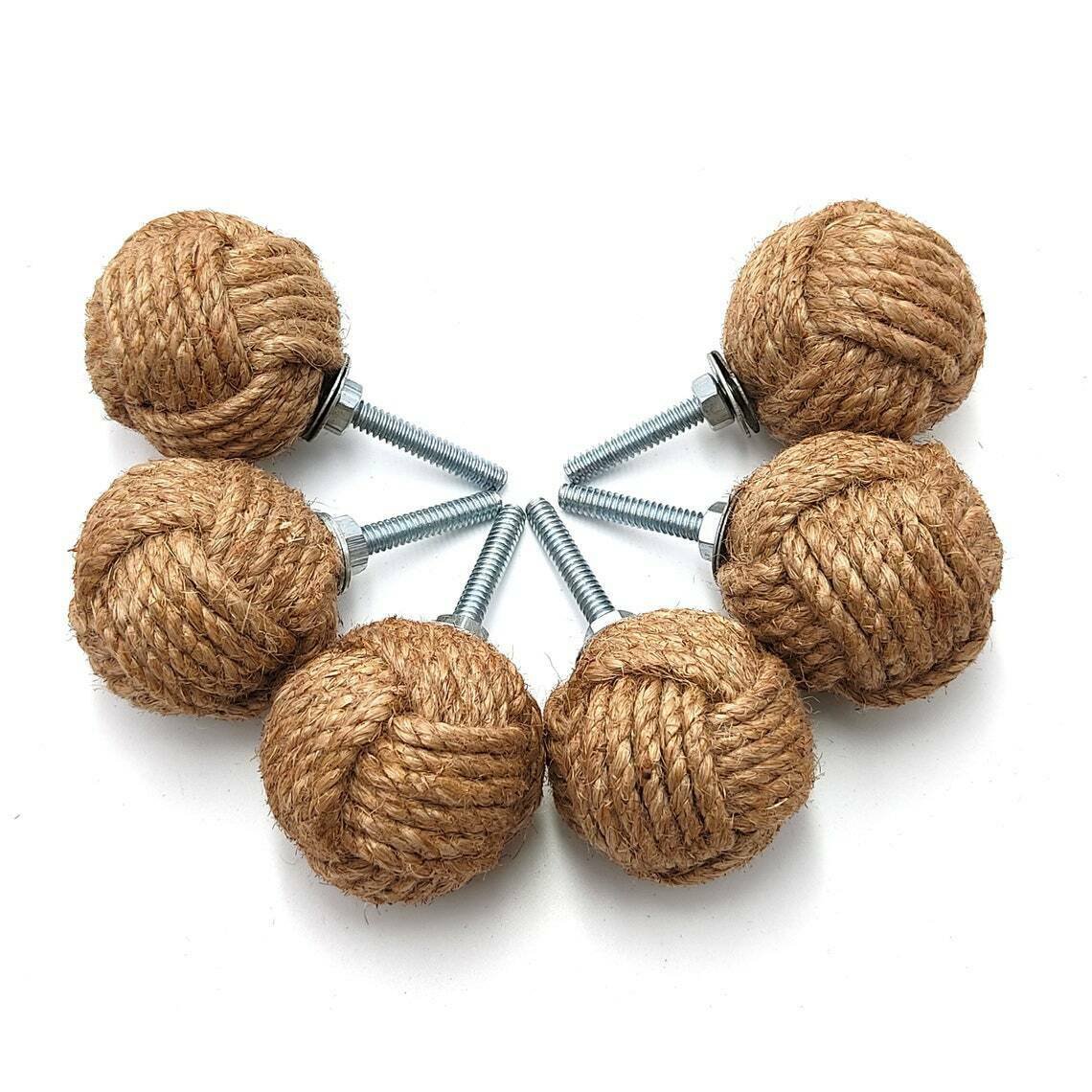Set of 6 Jute Rope Knot Door Knobs/Drawer Pulls and Push Handle/Knobs