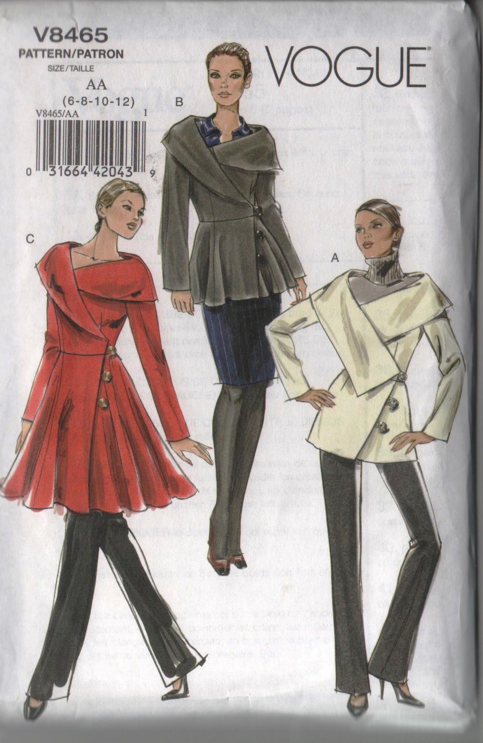 Vogue 8465 Sewing Pattern Misses Jacket and Coat sizes 6-12