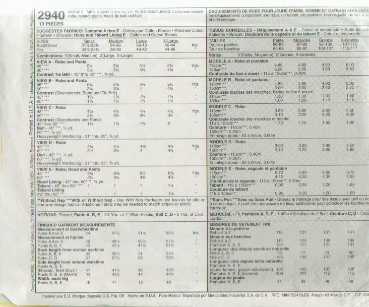 Japanese Robe Karate Costume Pattern McCalls 2940 Sizes L, XL Uncut