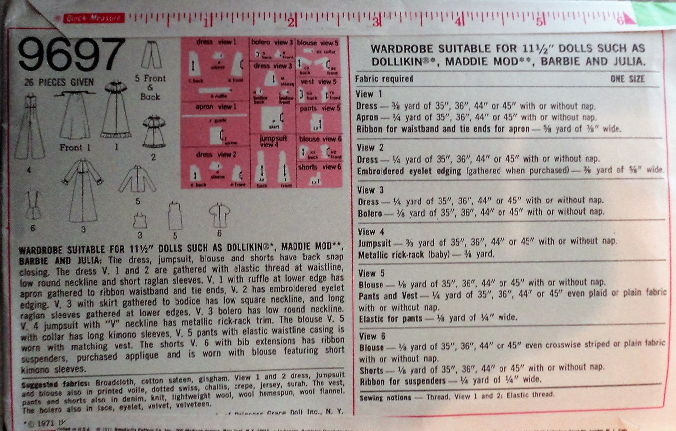 Simplicity 9697 Doll Clothes sewing pattern for 11 1/2" fashion doll