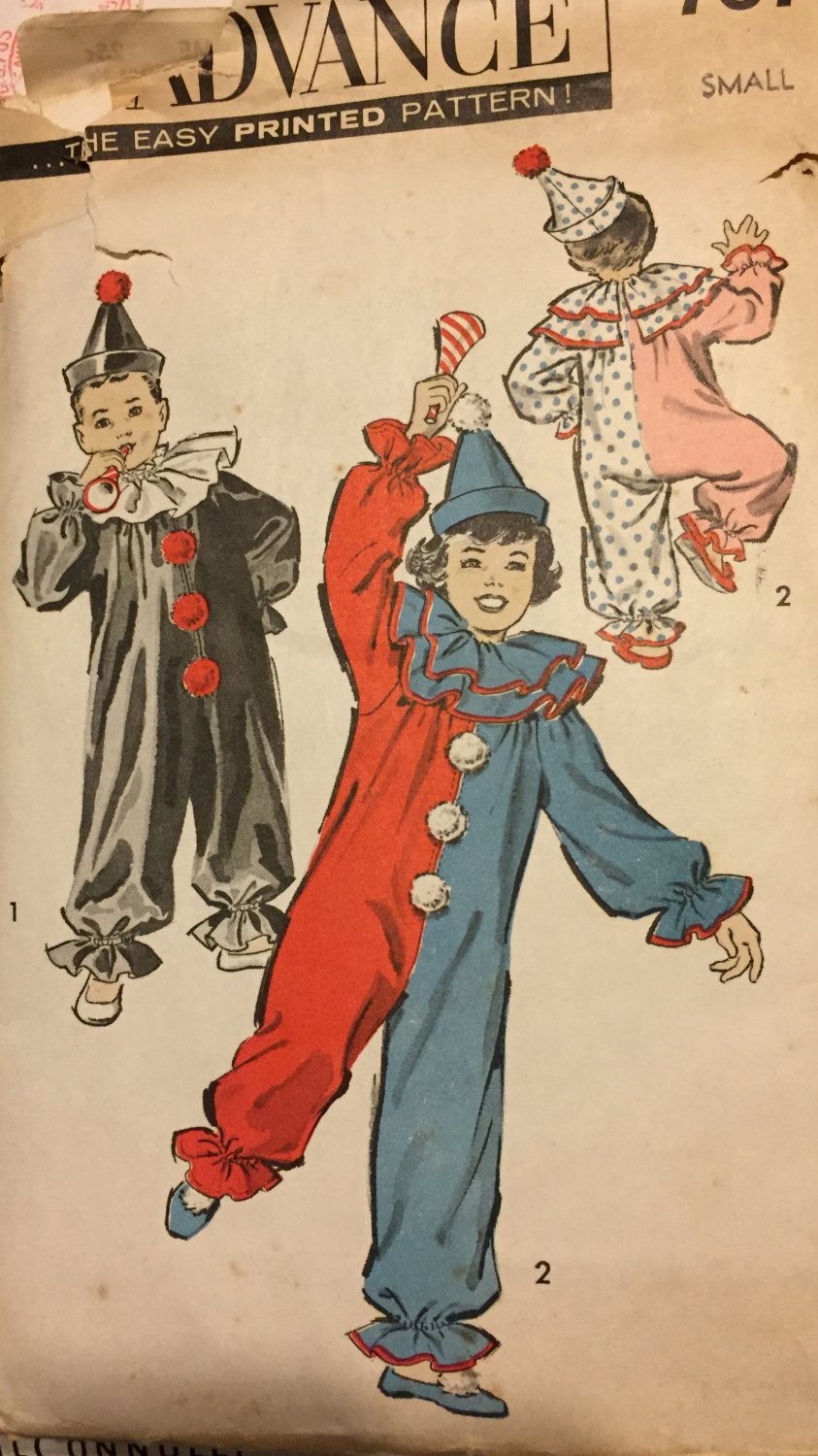 Advance 707 Vintage child clown costumes sewing pattern Size Small 2-4