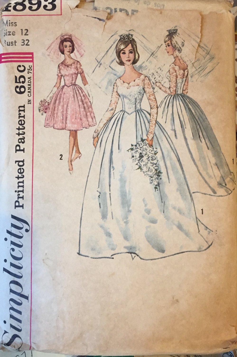 1960's Simplicity 4893 Wedding Gown Sewing Pattern Size 12 bust 32"