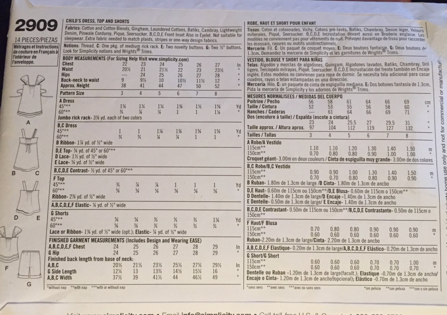 Simplicity 2909 Sewing Pattern makes Tops Shorts and Dresses size 3 4 5 ...