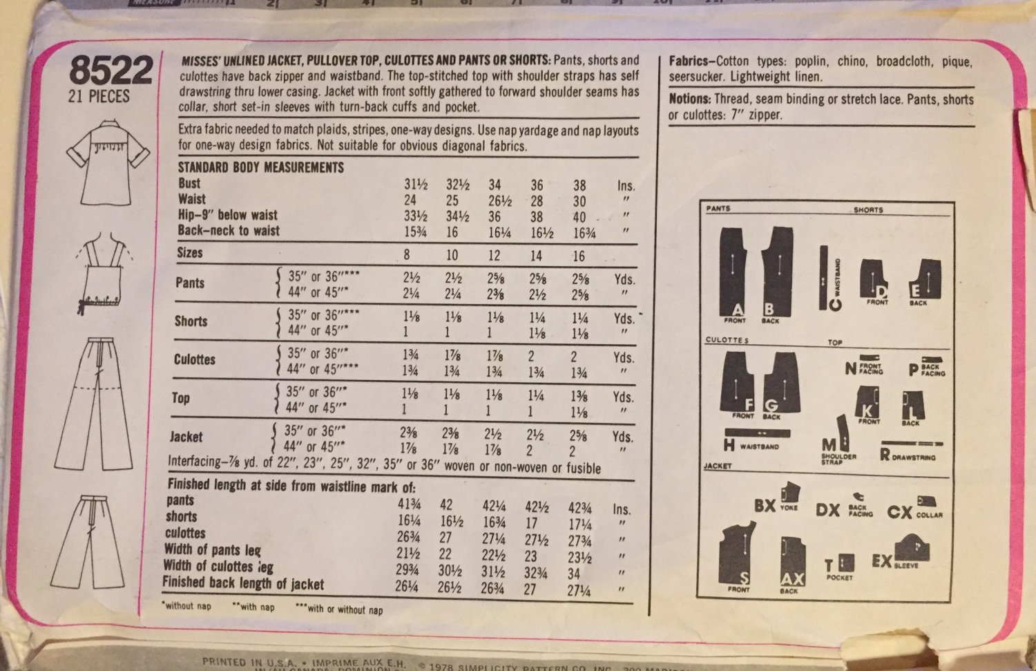 Culottes Summer Top Sewing Pattern Simplicity 8522 RETRO 1978 Size 14