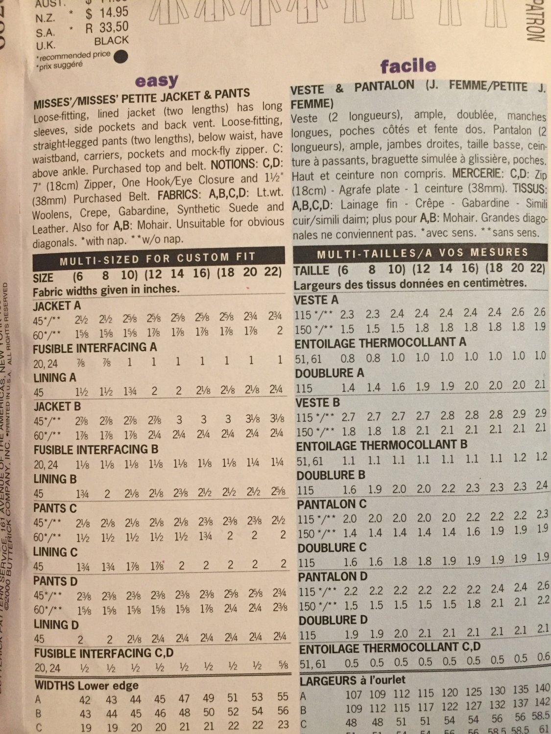 Butterick Sewing Pattern 6828 from 2000. Misses Lined Jacket and Pants ...