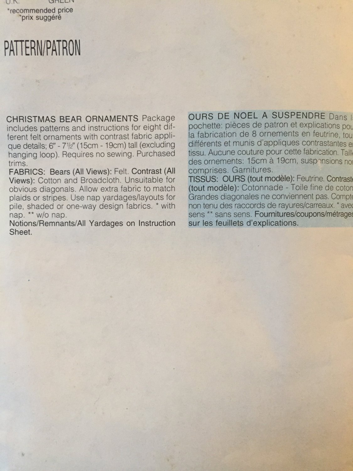 Butterick 4604 Christmas Bears Felt Ornaments No Sew Pattern - UNCUT